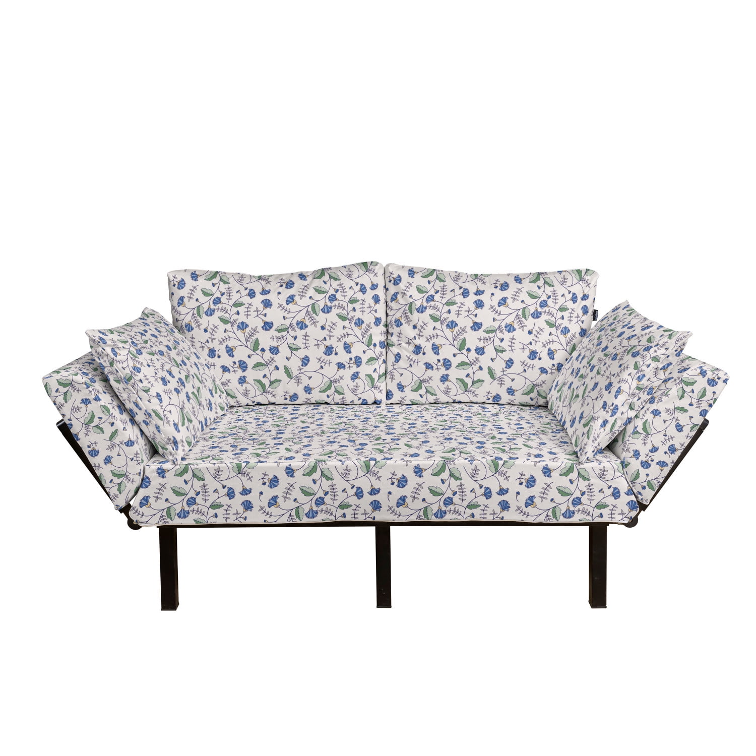 Floral Futon Couch, Blue Cornflowers and Leaves Old Fashioned Natural ...
