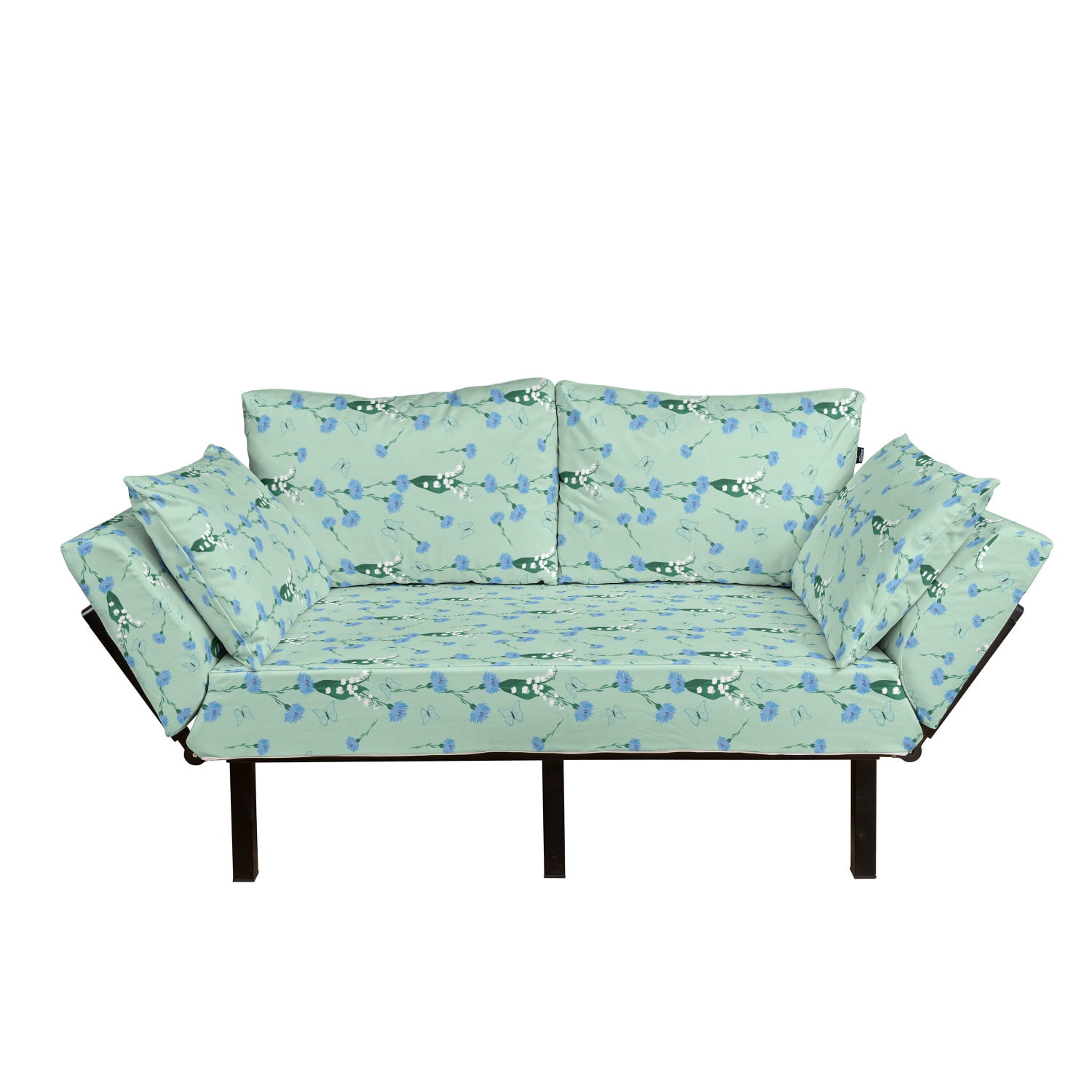 Floral Futon Couch, Cornflowers Field in Flourish Butterflies Flying ...