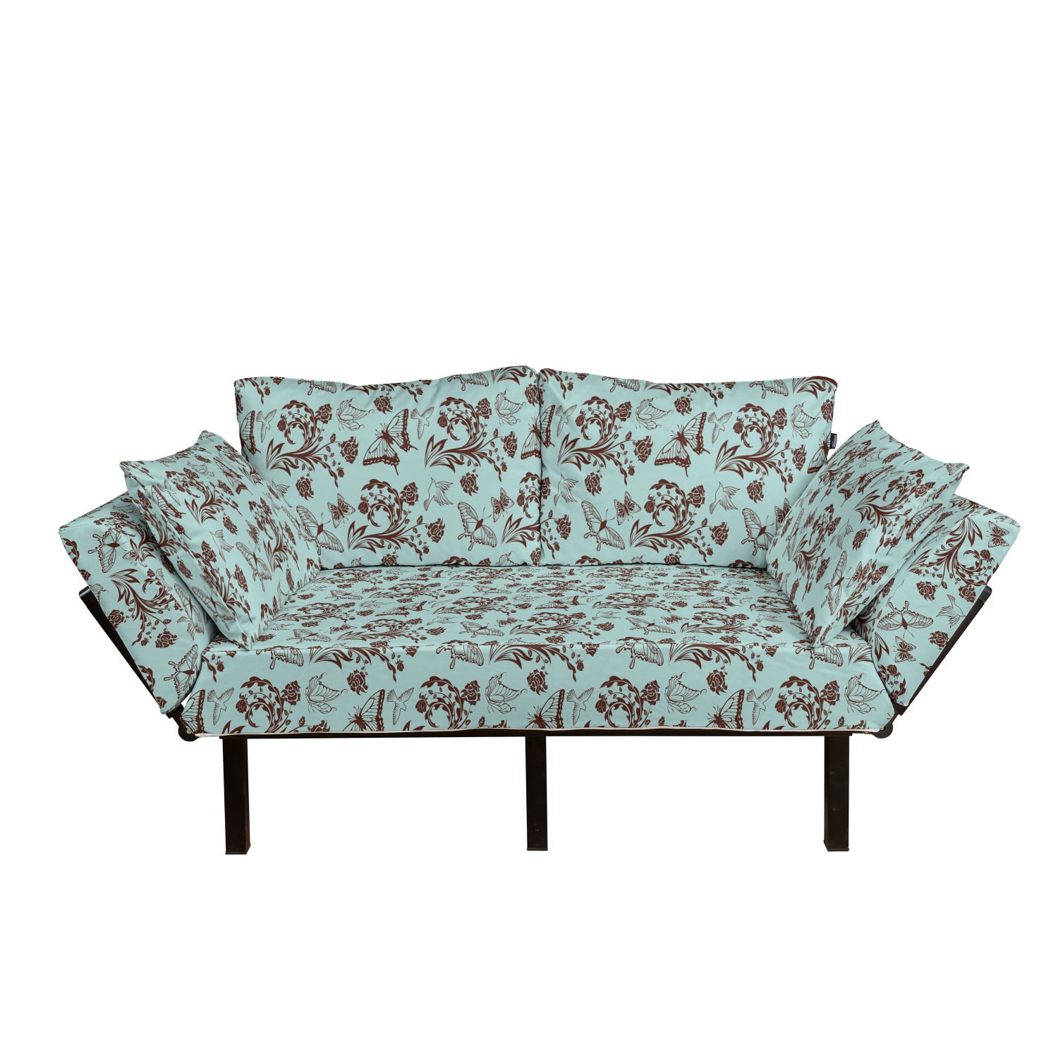 Floral Futon Couch, Flying Birds Butterflies Bouquet of Blooming Roses ...