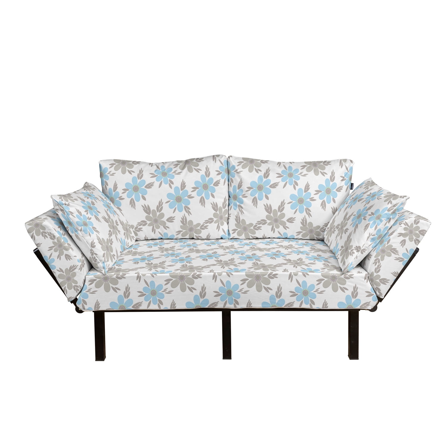 Floral Futon Couch, Summer Flora Abstract Bluegrey Flowers and Small ...