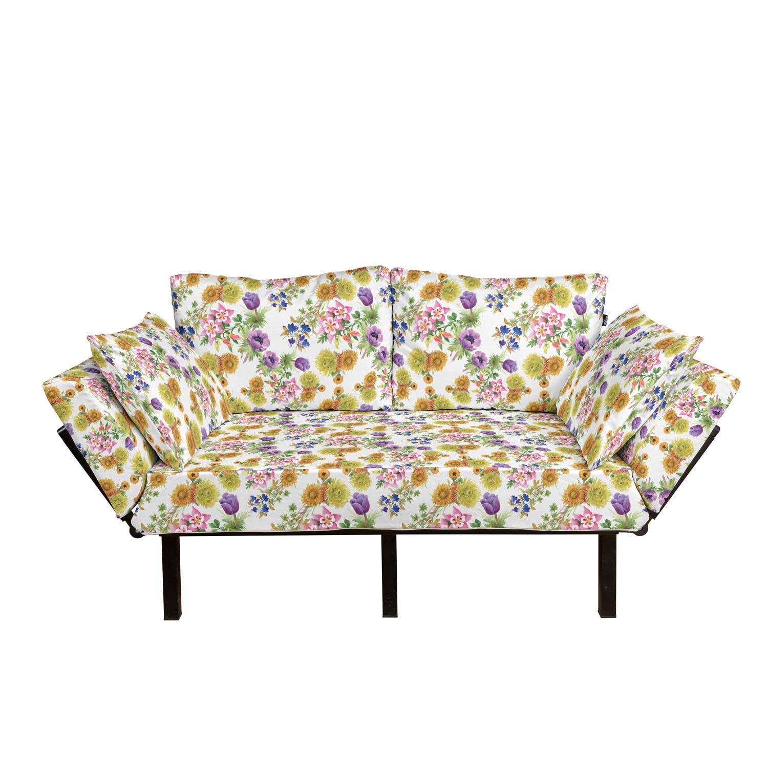 Floral Futon Couch, Watercolor Painting Style Flourishing Garden ...