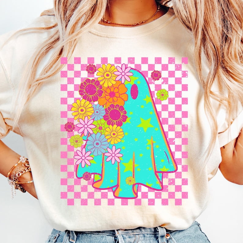 Floral Ghost Halloween T-Shirt, Neon Boo Ghost Coquette Tee, Preppy ...