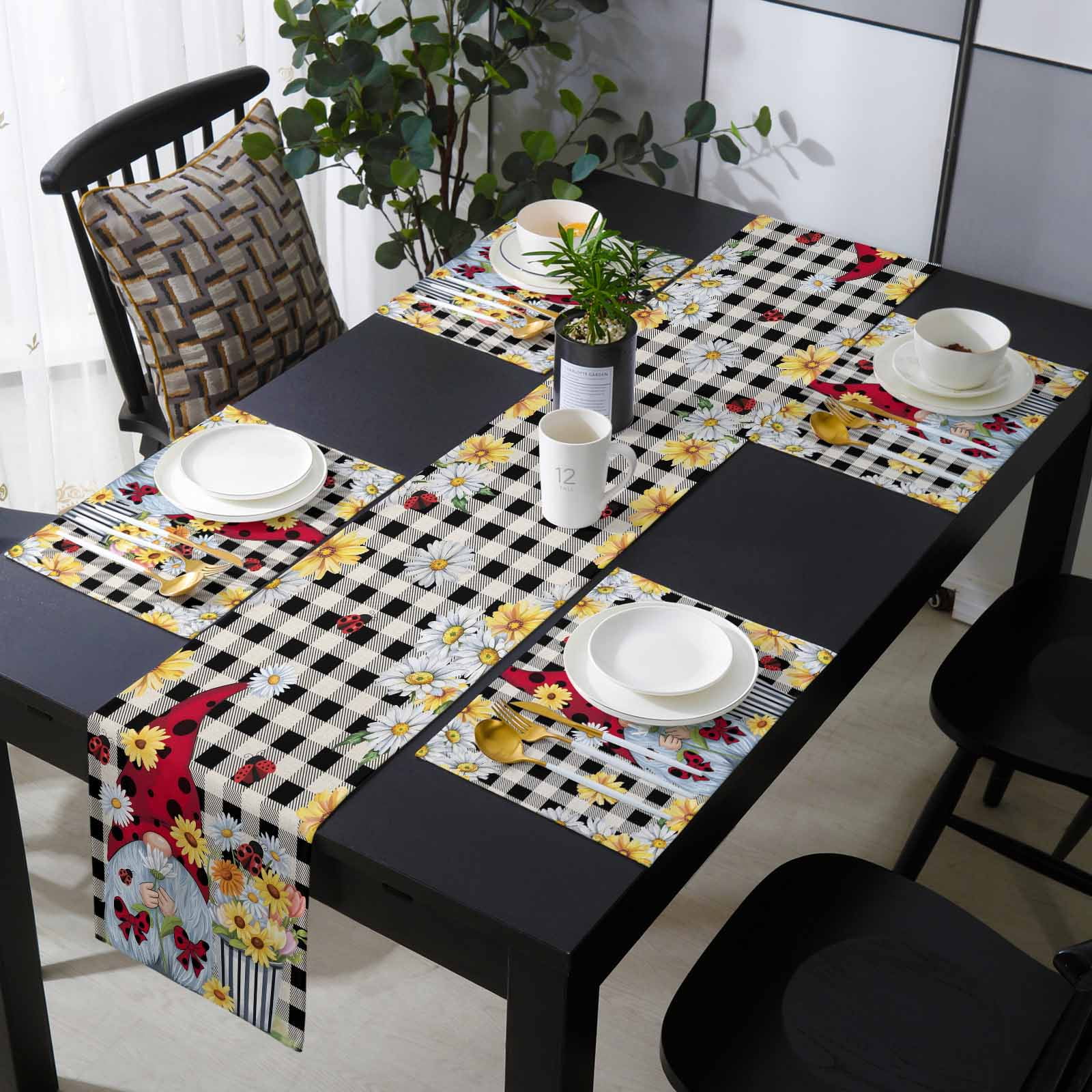 Floral Gnomes Placemats Set of 6 with 72 Inches Long Table Runners ...