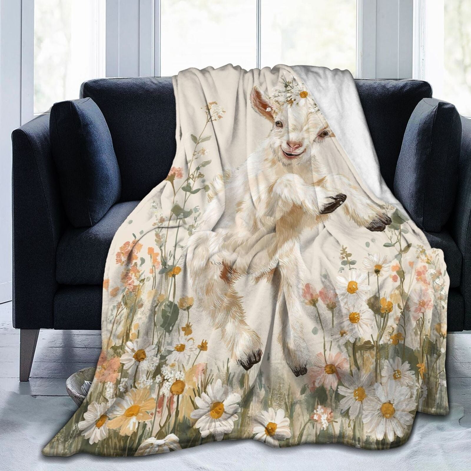 Floral Goat Throw Blanket - Farmhouse Animal with Flower Crown Art ...