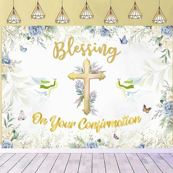 Floral God Bless Backdrop Blessing on Your Confirmation Photography Background White Blue Flower ...