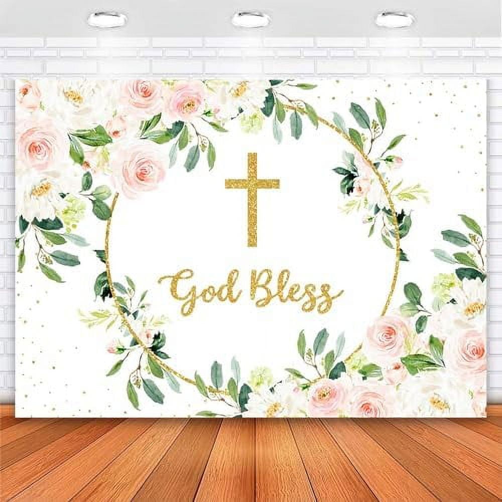 Floral God Bless Backdrop First Holy Communion Baptism Pink Flowers ...