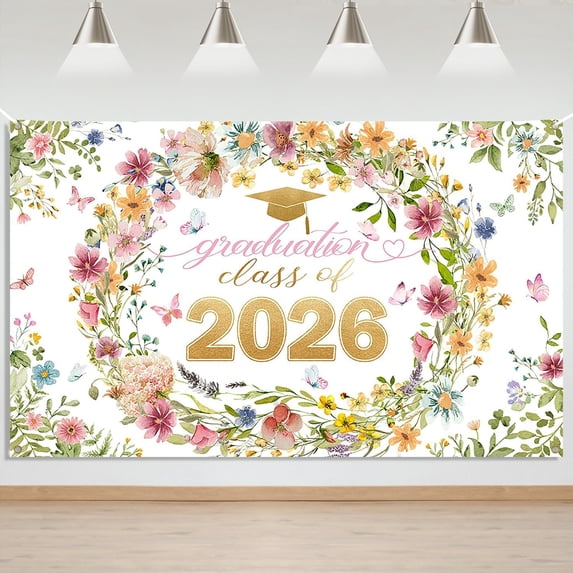 Floral Gold Congrats Grad Backdrop Class of 2026 Graduation Background ...