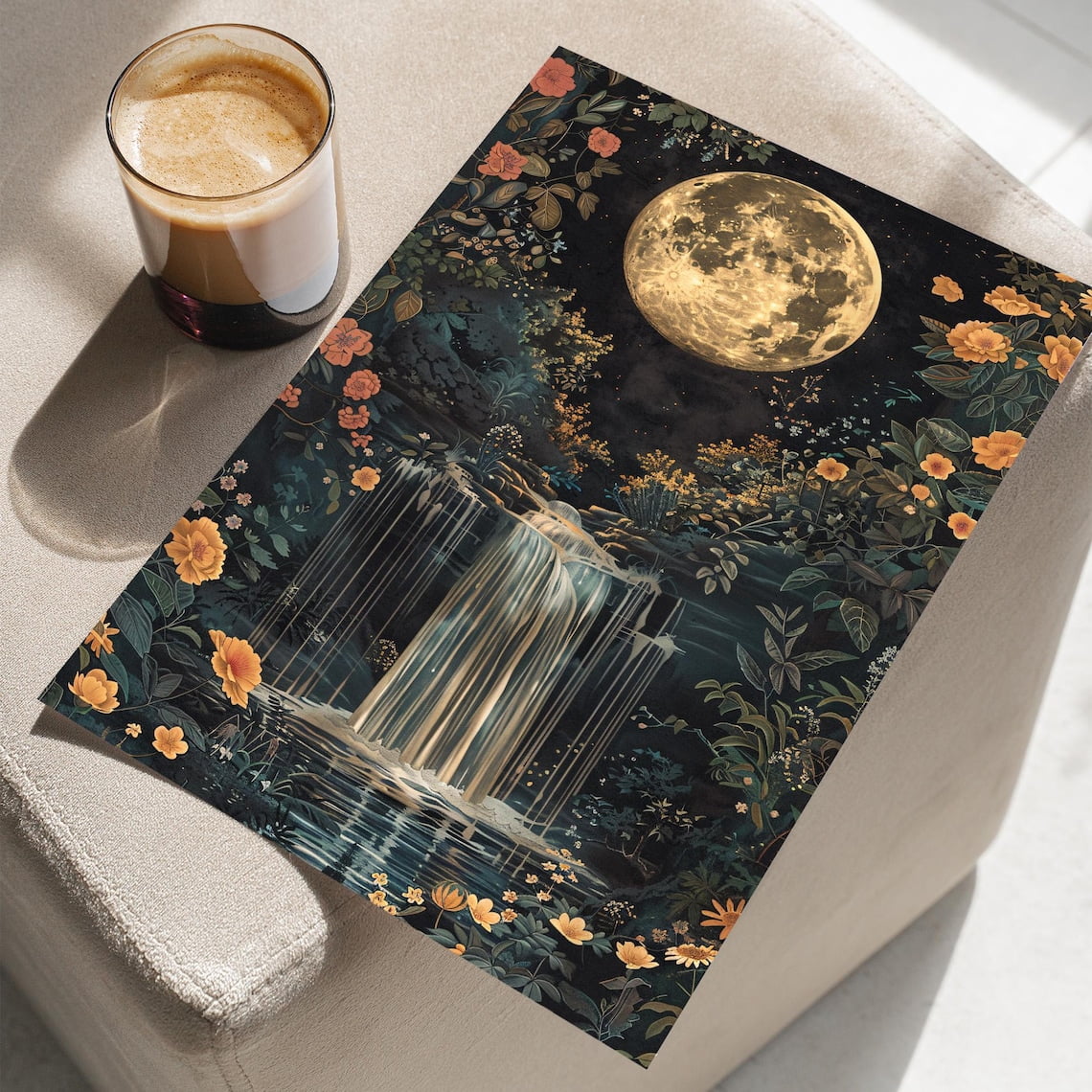 Floral Golden Moon With Waterfall Watering Plants Art Poster Or Print ...