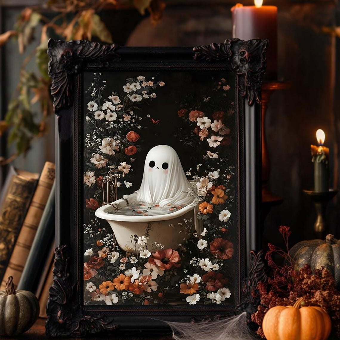 Floral Goth Ghost In Bathtub Art Bathroom Decor Home Decor, 24x36 ...