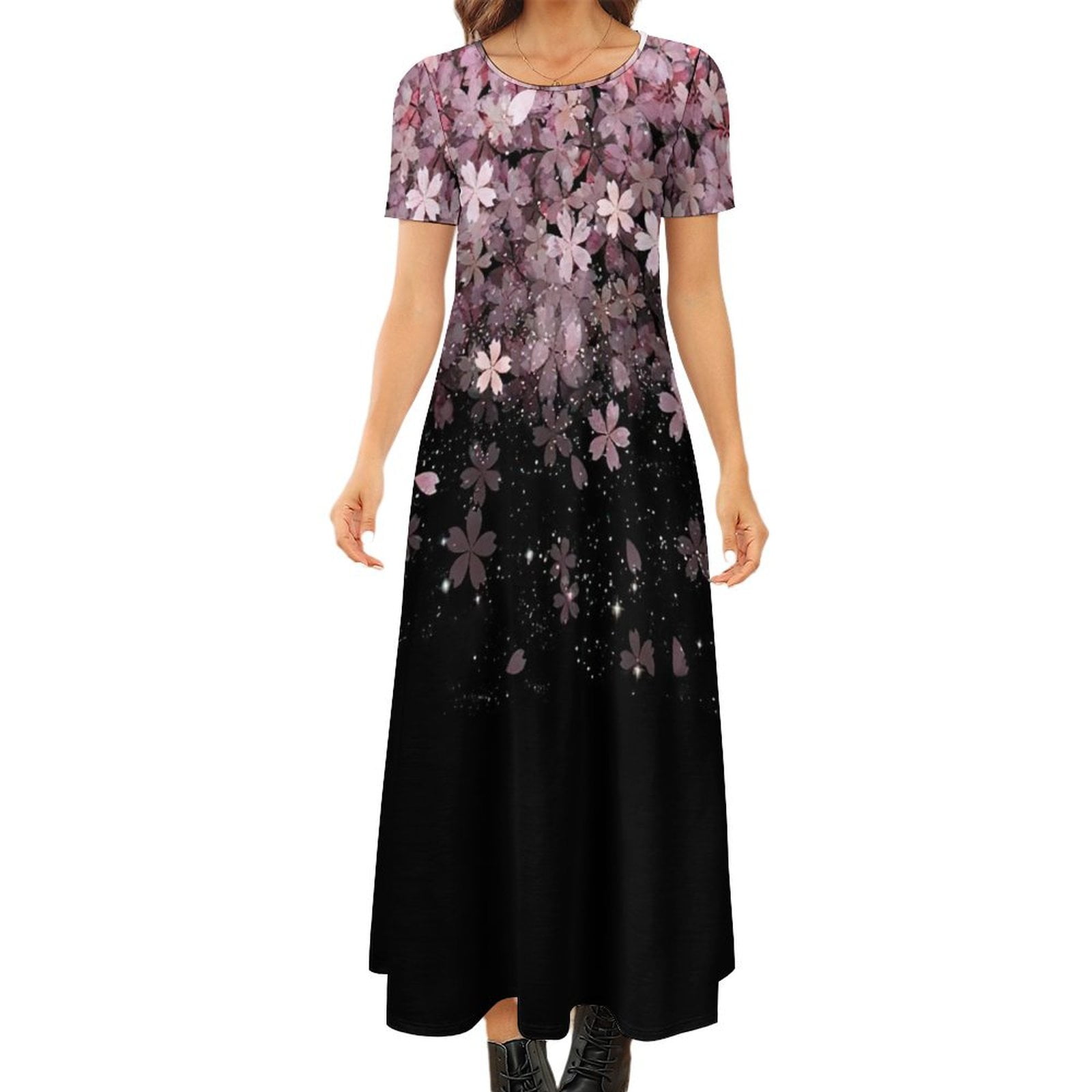Floral Gradients Maxi Dress for Women Crew Neck Beach Dress Short ...