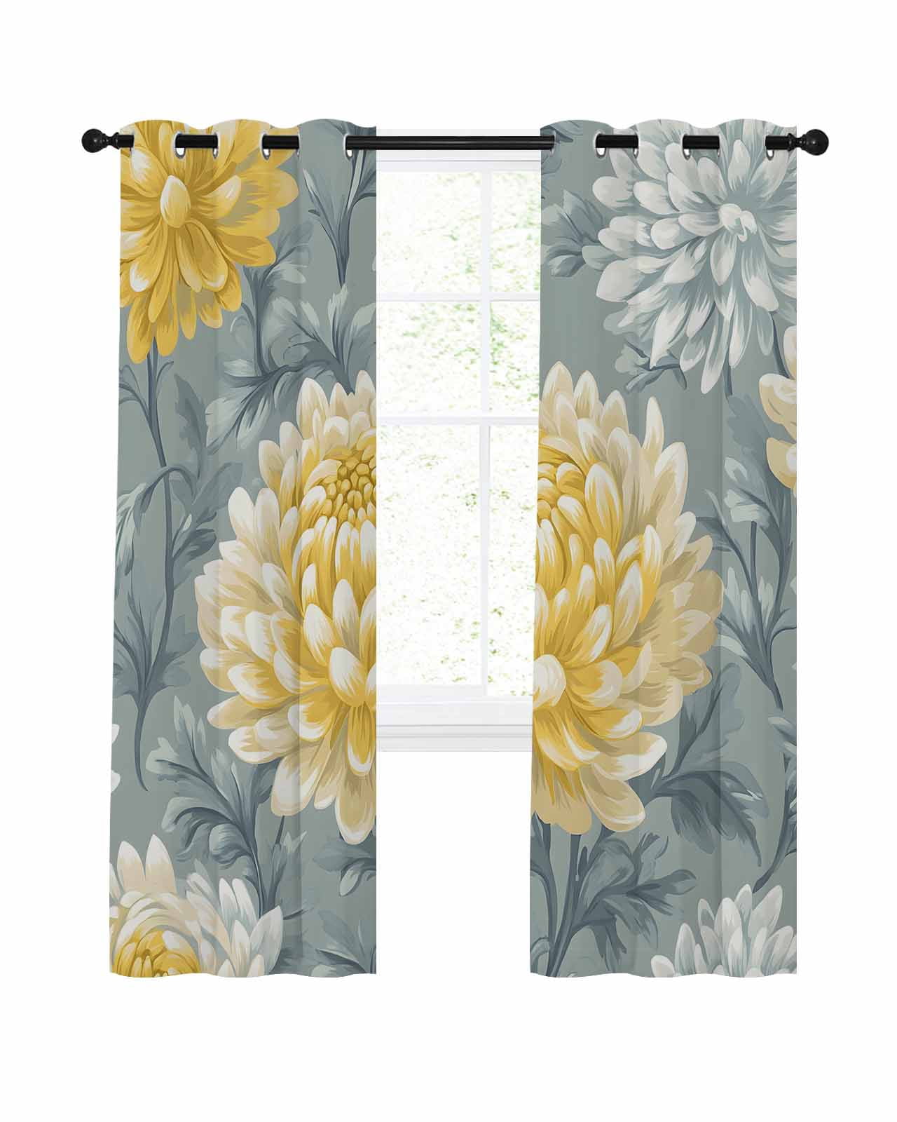 Floral Gray Leaf Blackout Curtains 63 Inch Length Vintage Yellow Blue ...