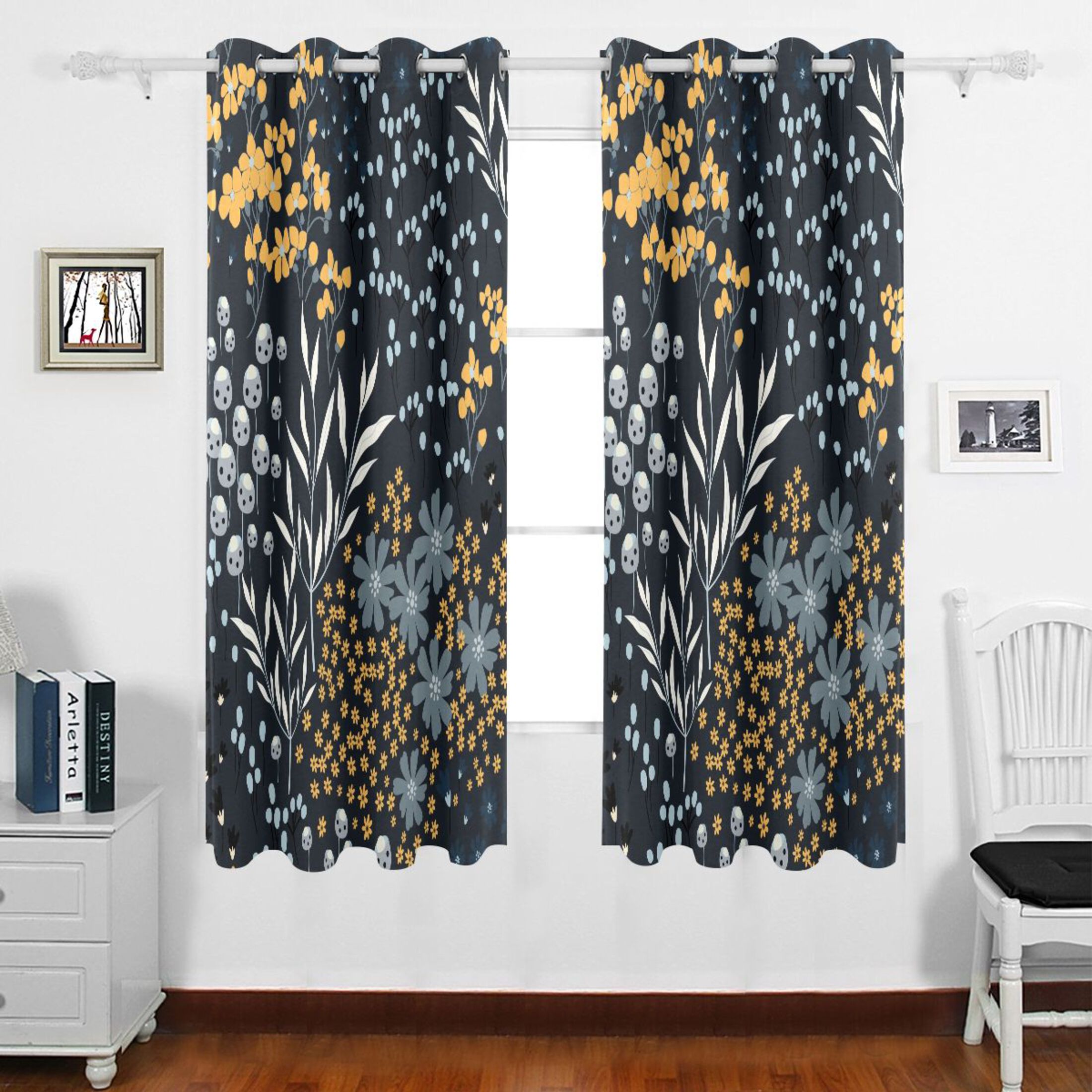 Floral Grommet Blackout Curtains Thermal Insulated Window Curtain Sets for Bedroom Living Room ...