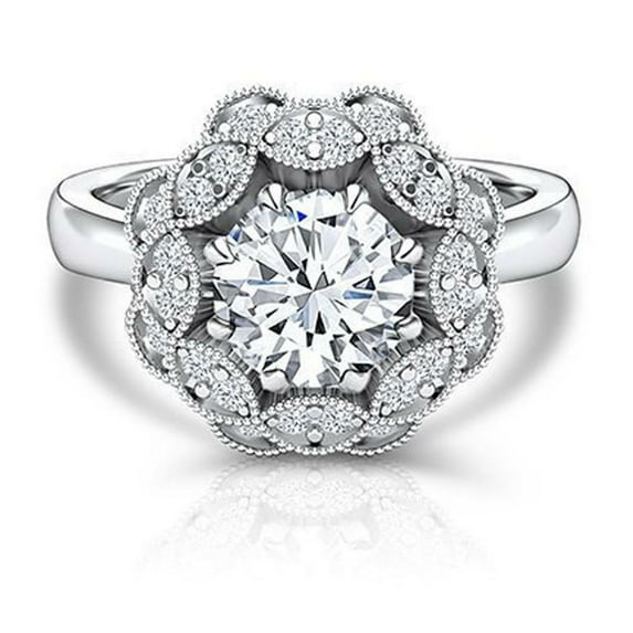 Floral Halo Wedding Ring, Solitaire Pave Set Women Ring, Milgrain ...