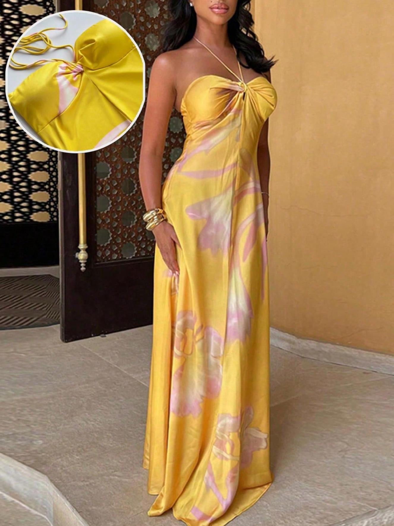 Floral Halter Neck Maxi Dress for Women - Sexy, Form-Fitting Wedding ...