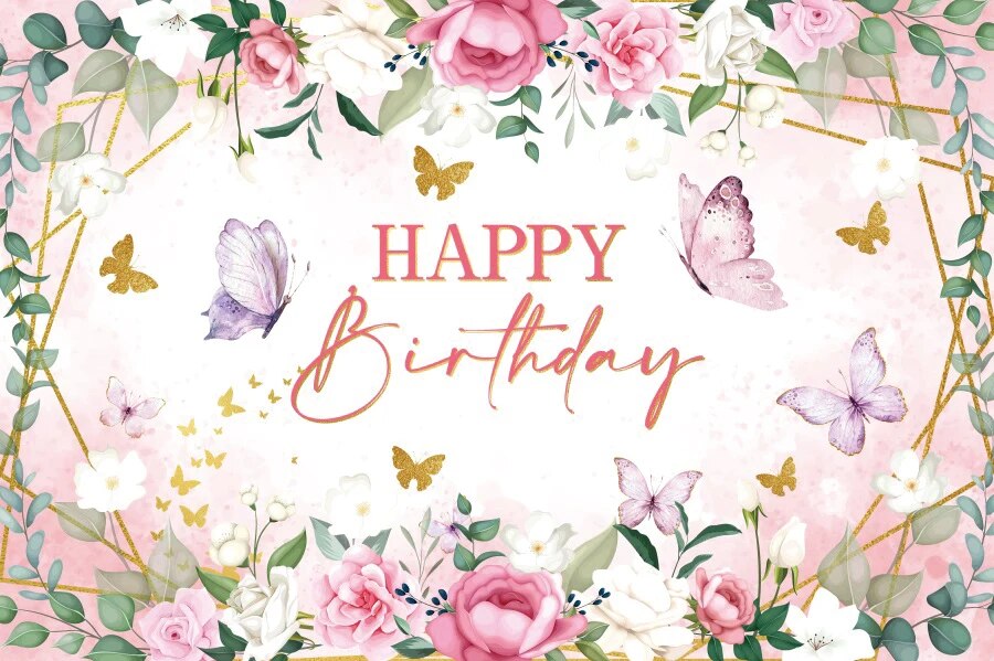Floral Happy Birthday Backdrop Pink Butterfly Watercolor Flowers Golden ...
