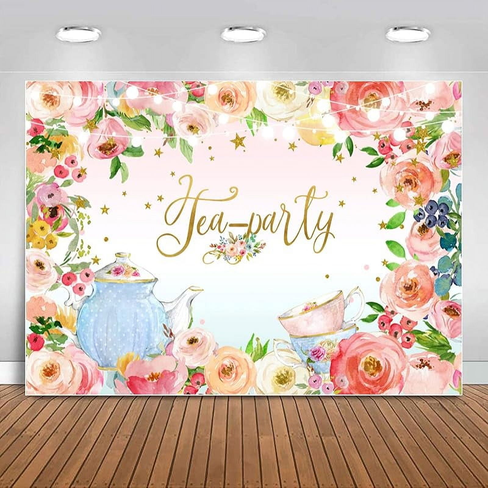 Floral Happy Birthday Backdrop Tea Party Birthday Decoration Butterfly Flower Lets Partea ...