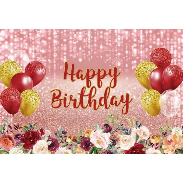 Floral Happy Birthday Backdrop Turquoise Flowers Glitter Bokeh Spots Balloon Wwomen Girl ...