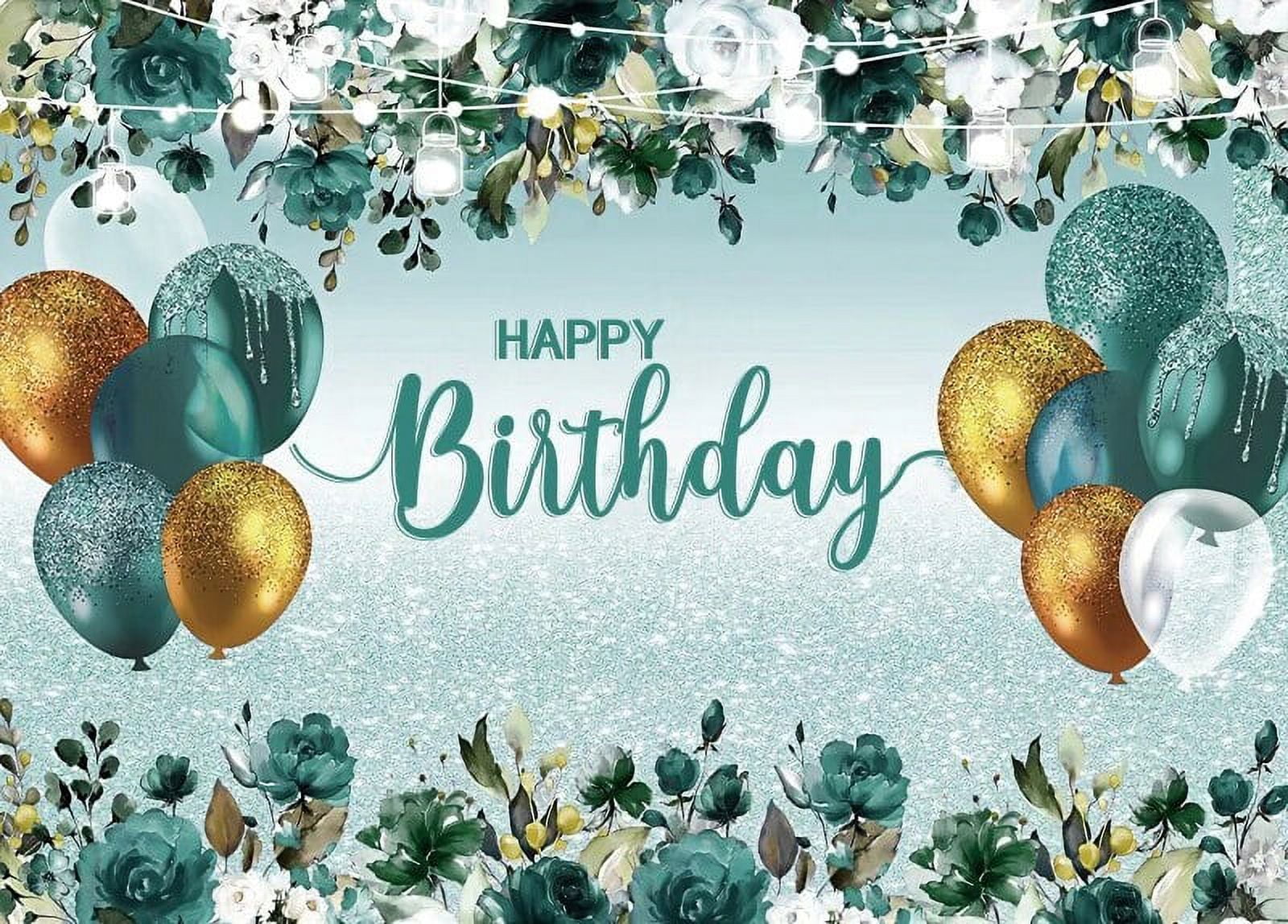 Floral Happy Birthday Backdrop Turquoise Flowers Rose Gold Glitter ...