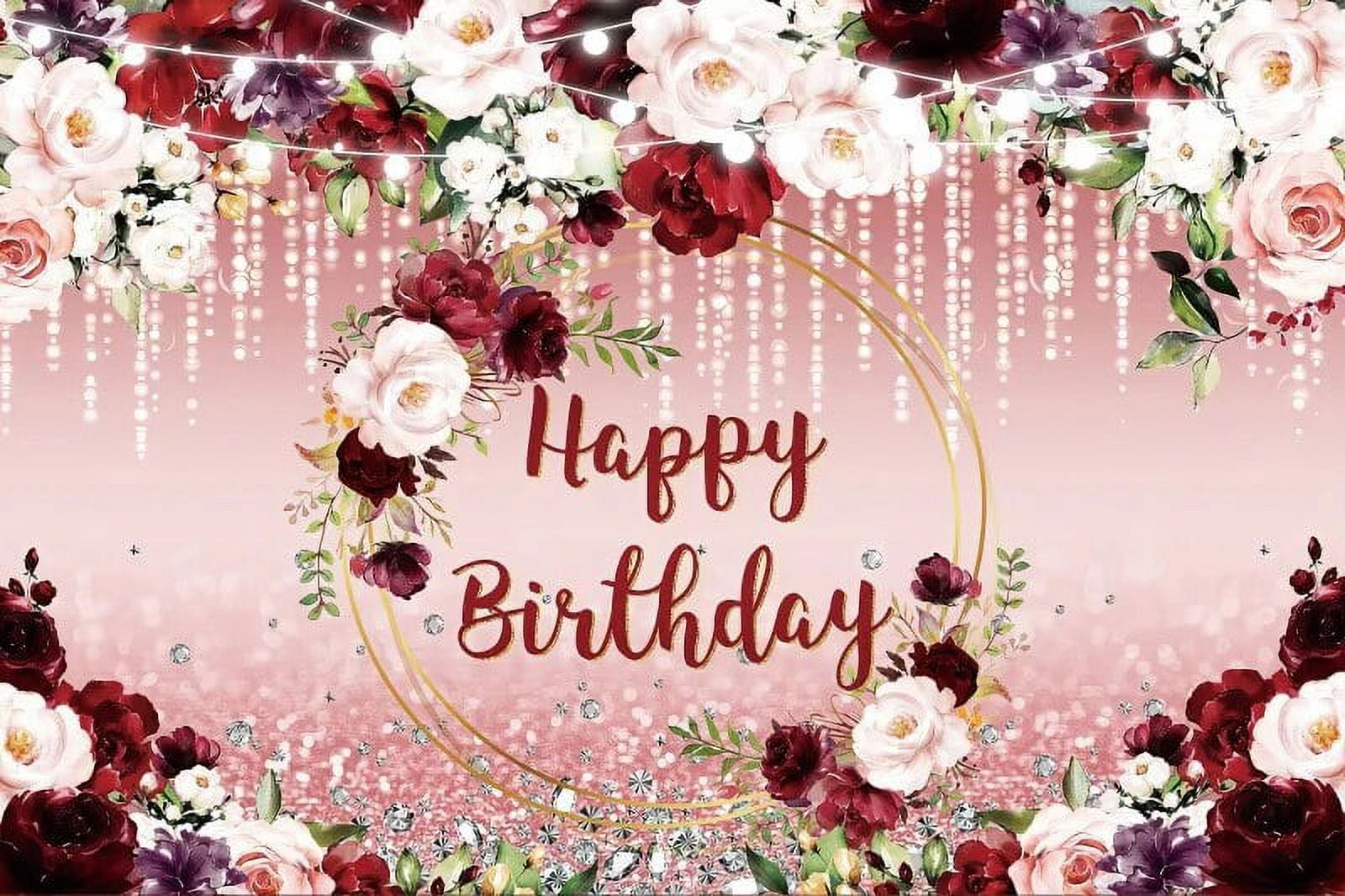 Floral Happy Birthday Backdrop Turquoise Flowers Rose Gold Glitter ...