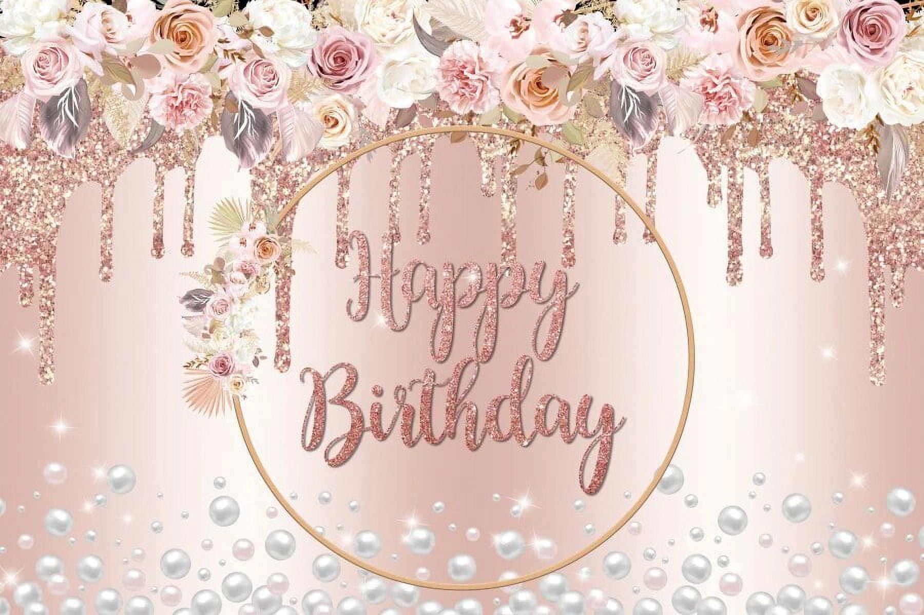 Floral Happy Birthday Backdrop Turquoise Flowers Rose Gold Glitter ...