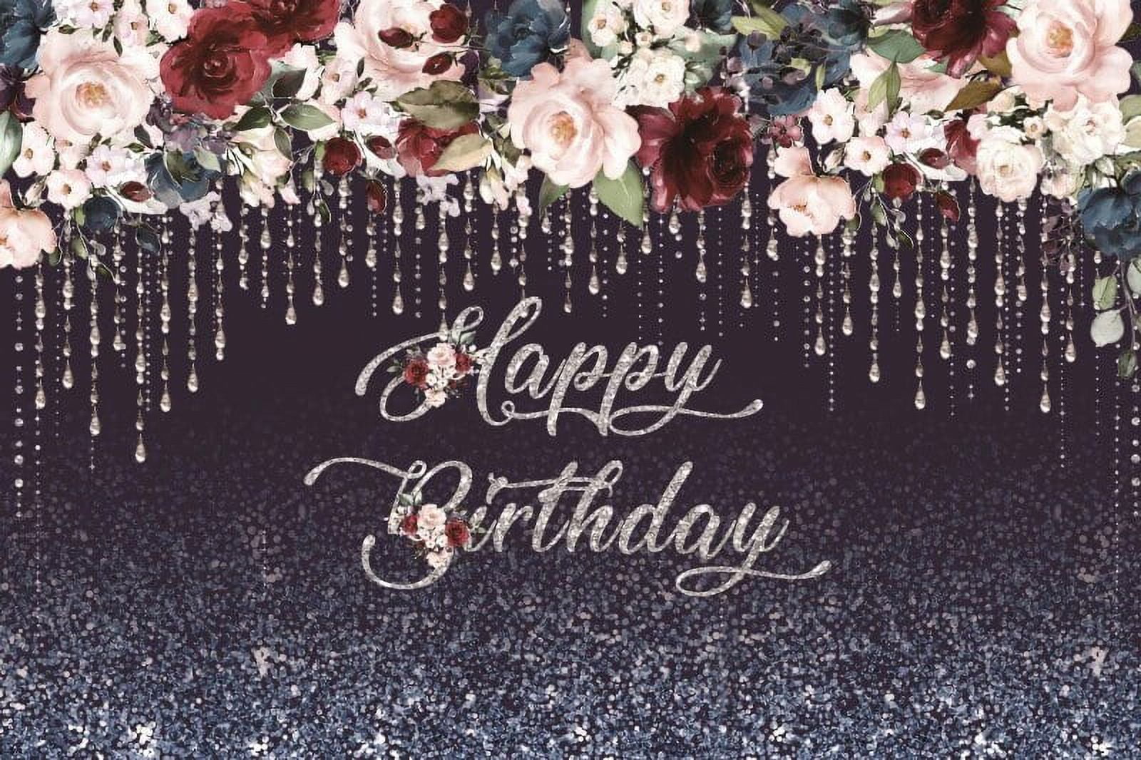 Floral Happy Birthday Backdrop Turquoise Flowers Rose Gold Glitter ...