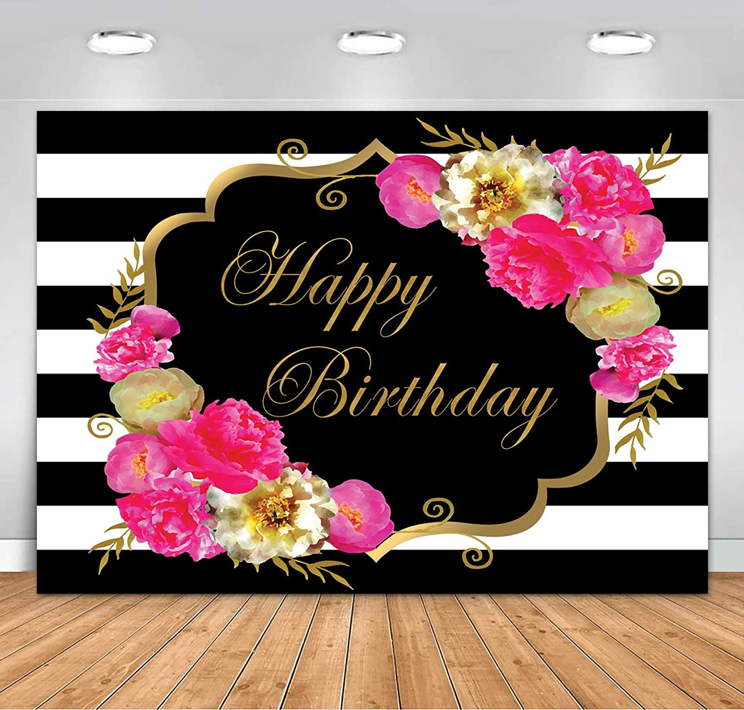 Floral Happy Birthday Backdrop for Women Black White Stripes Watercolor ...