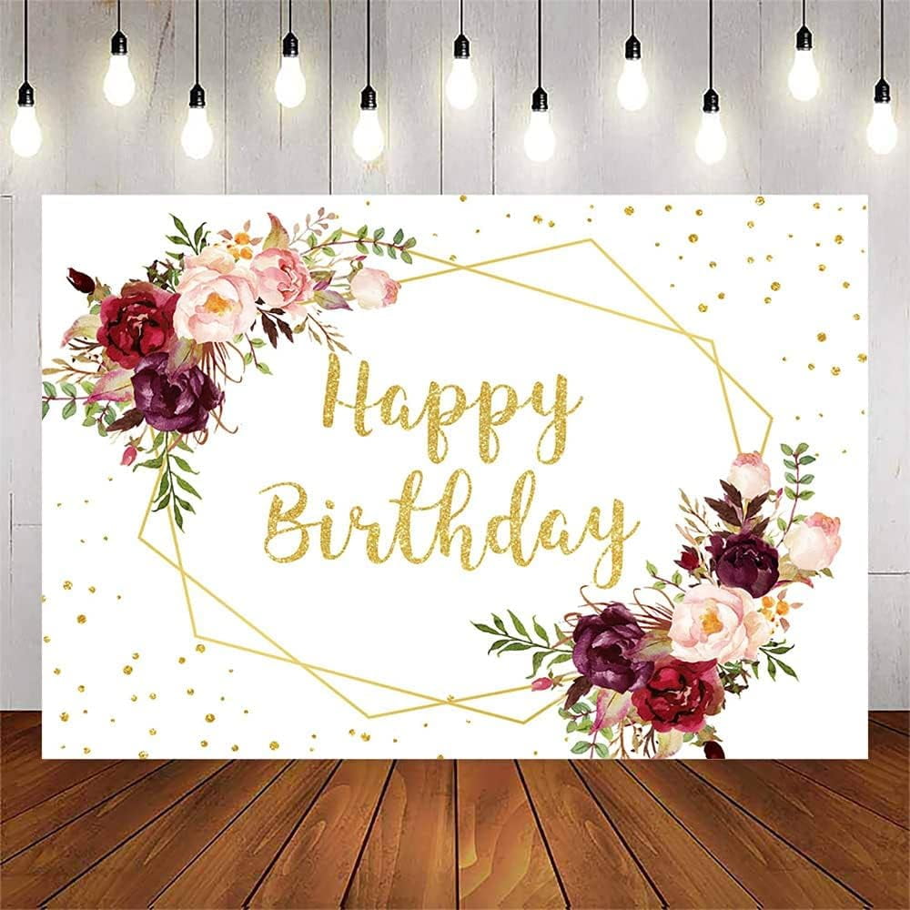 Floral Happy Birthday Backdrop for Women Burgundy Flowers Birthday ...