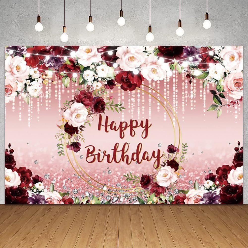 Floral Happy Birthday Backdrop for Women Burgundy Flowers Bokeh ...