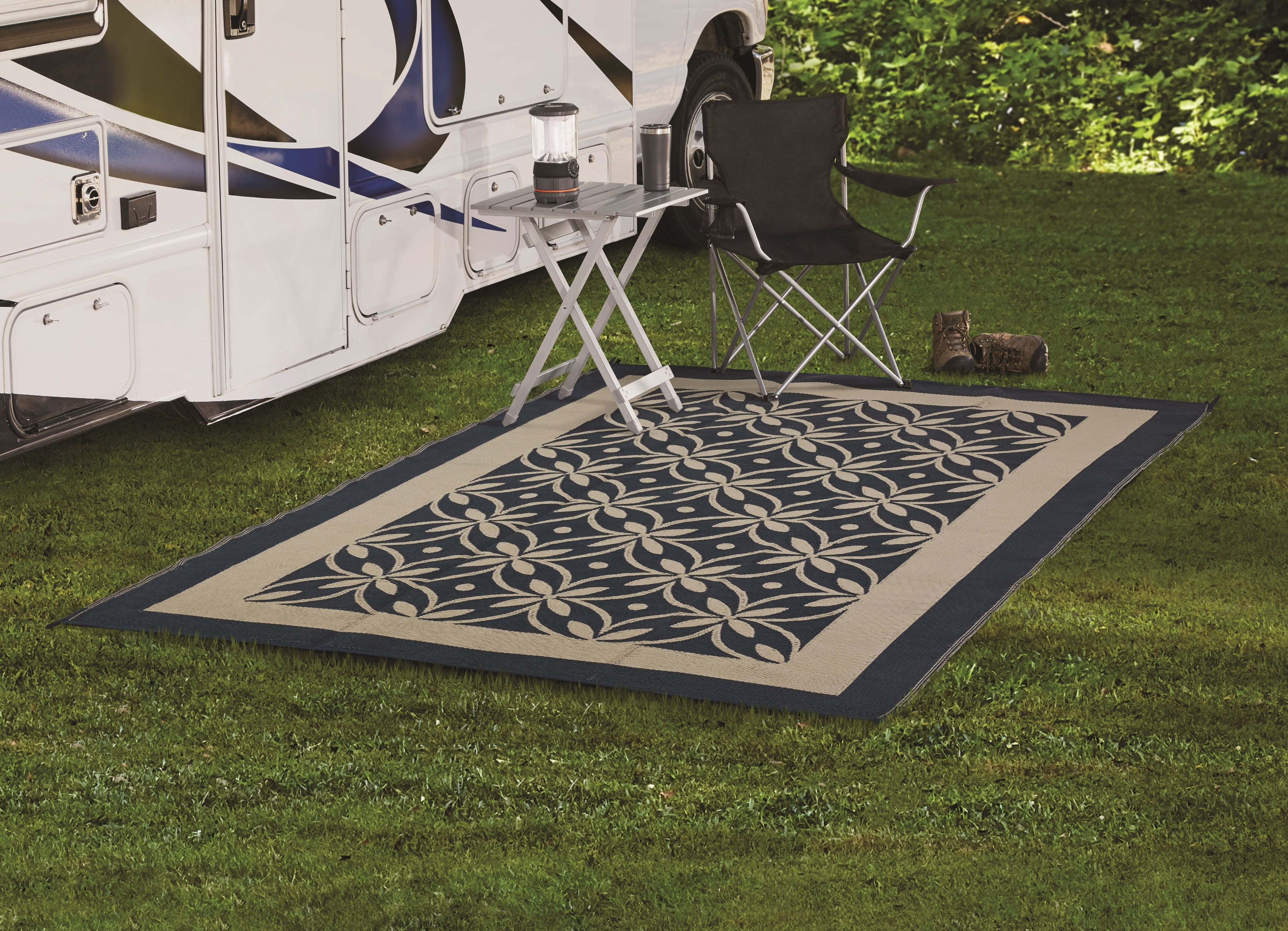 Floral Harmony Reversible RV & Patio Mat 9' x 12' – Blue & Tan Design ...