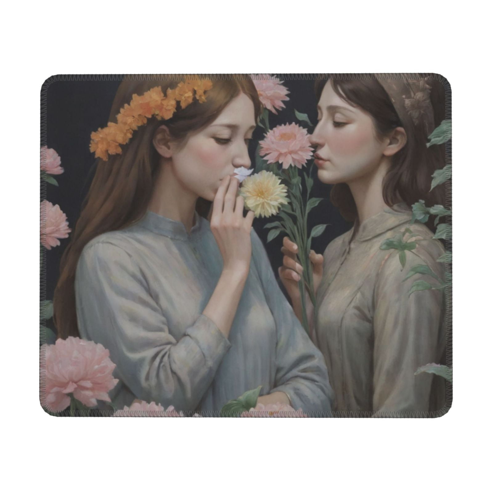 Floral Harmony: Two Women Among Flowers Square mouse pad, personalized ...