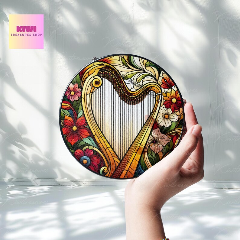 Floral Harp GLASS Suncatcher Hanging Musical instrument theatre gift ...