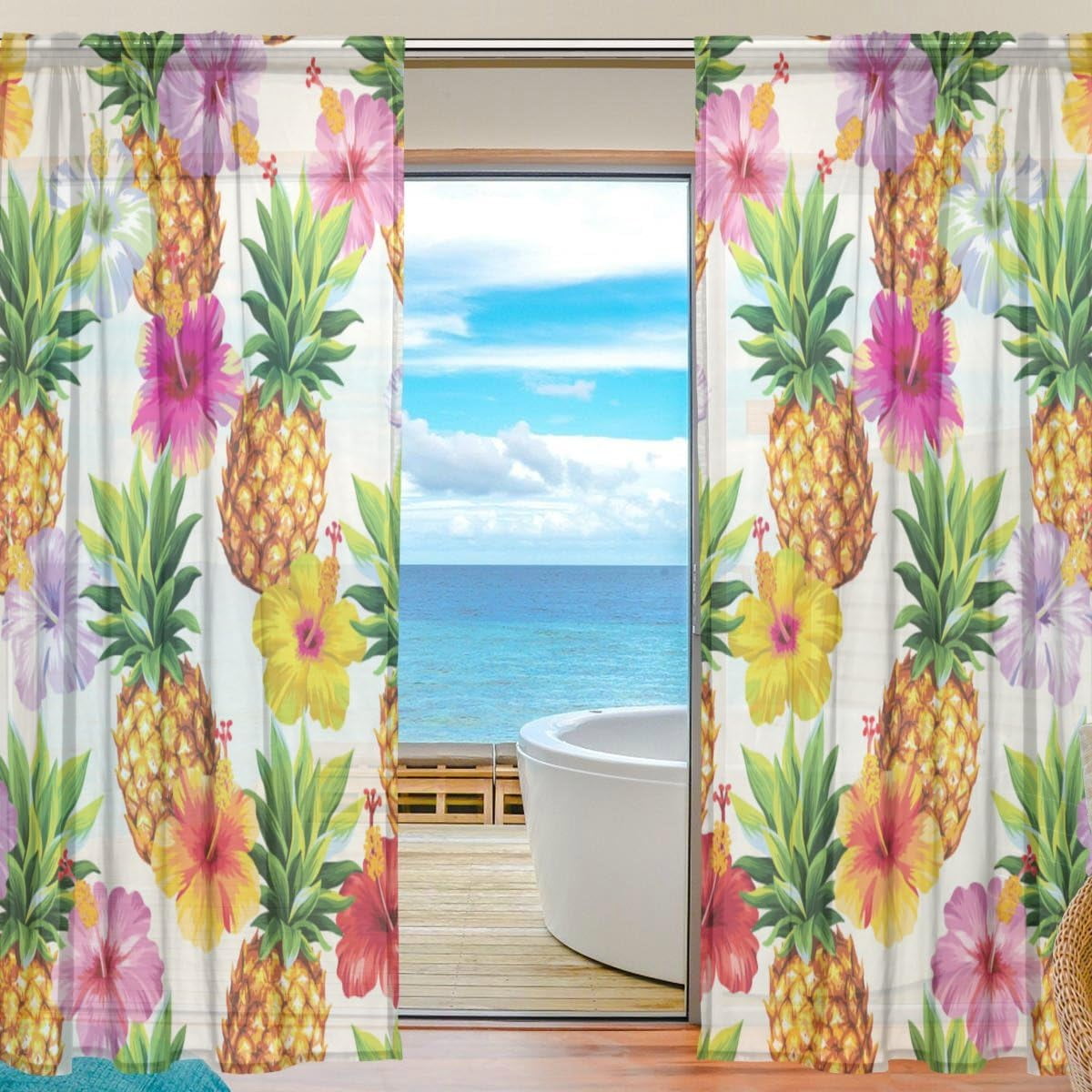 Floral Hawaiian Hibiscus Semi Sheer Curtains 78x55 Window Voile