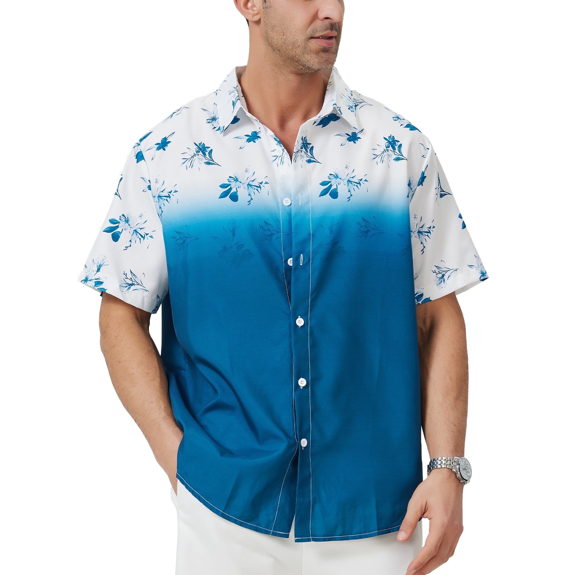 Puztloy Floral Hawaiian Shirt for Men Summer Beach Print Button Up ...