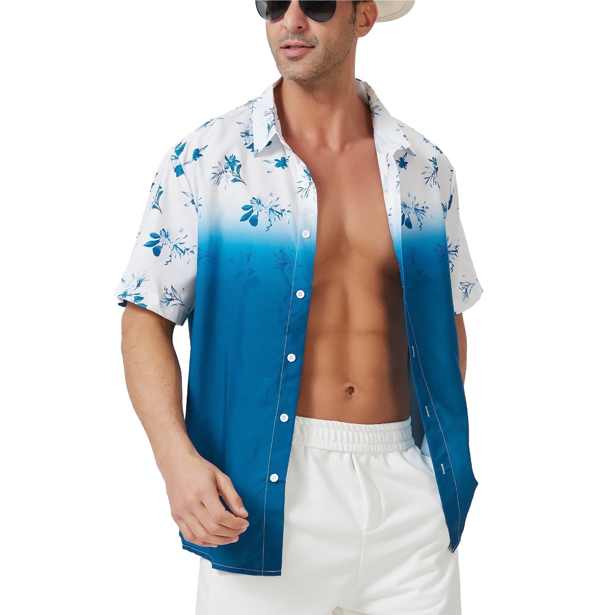Puztloy Floral Hawaiian Shirt for Men Summer Beach Print Button Up ...