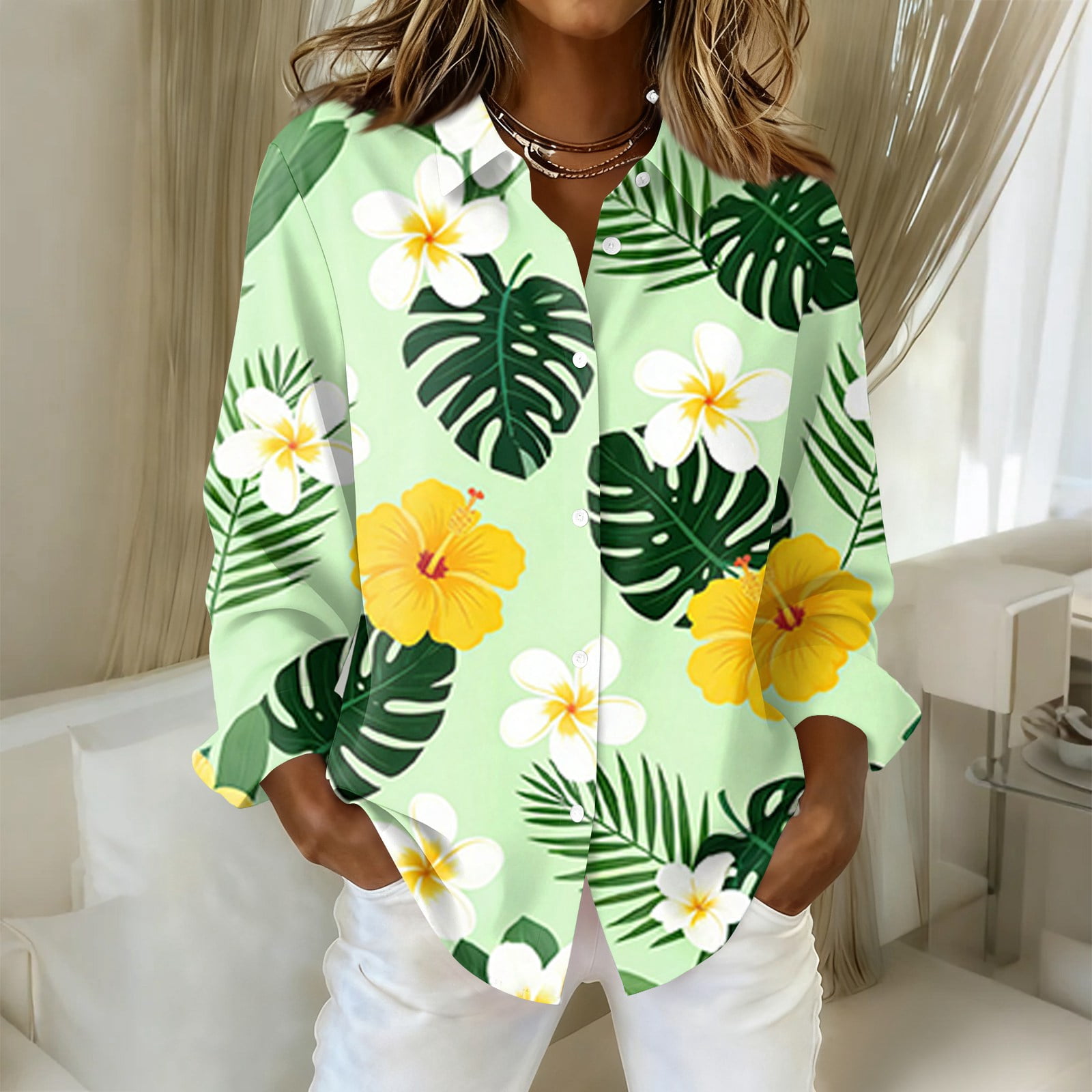 Floral Hawaiian Tops for Women Long Sleeve Tropical Print Button Down ...