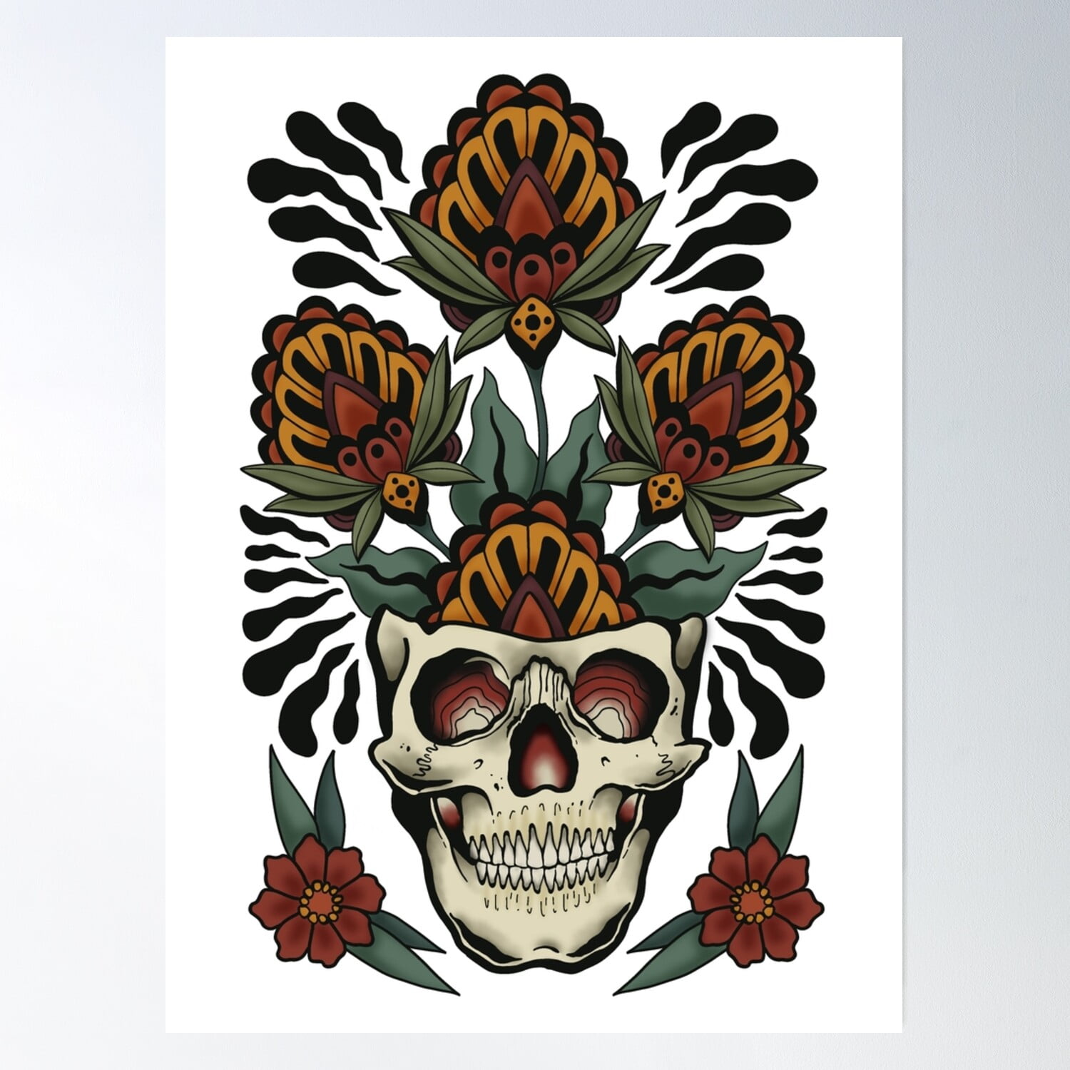 Floral Head Bone Trad Tattoo - Botanical Goth Poster Wall Art, Modern ...