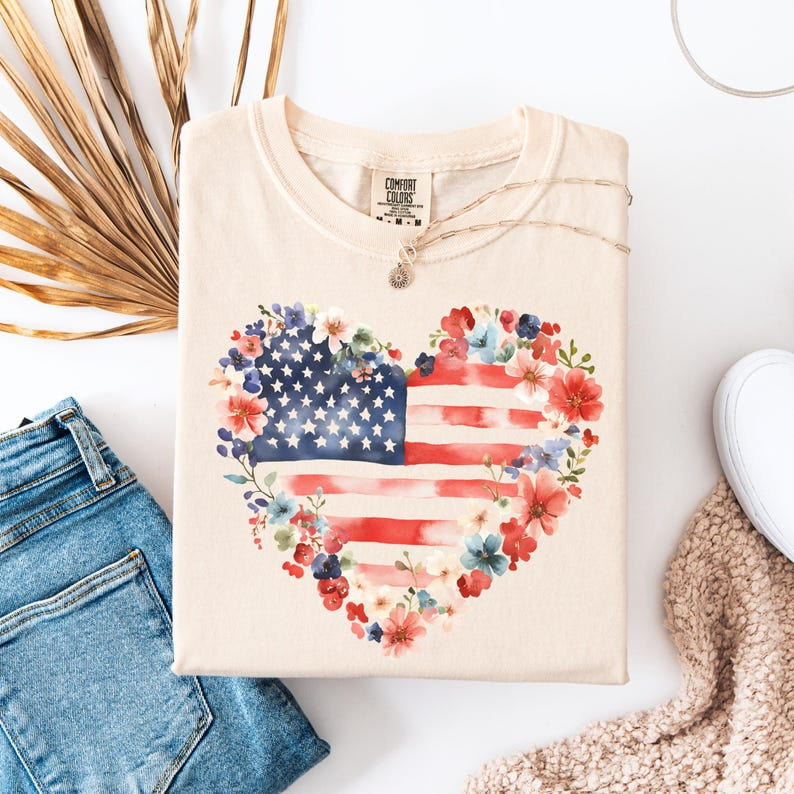 Floral Heart American Flag Shirt 4th of July Tee for Women, Red White ...