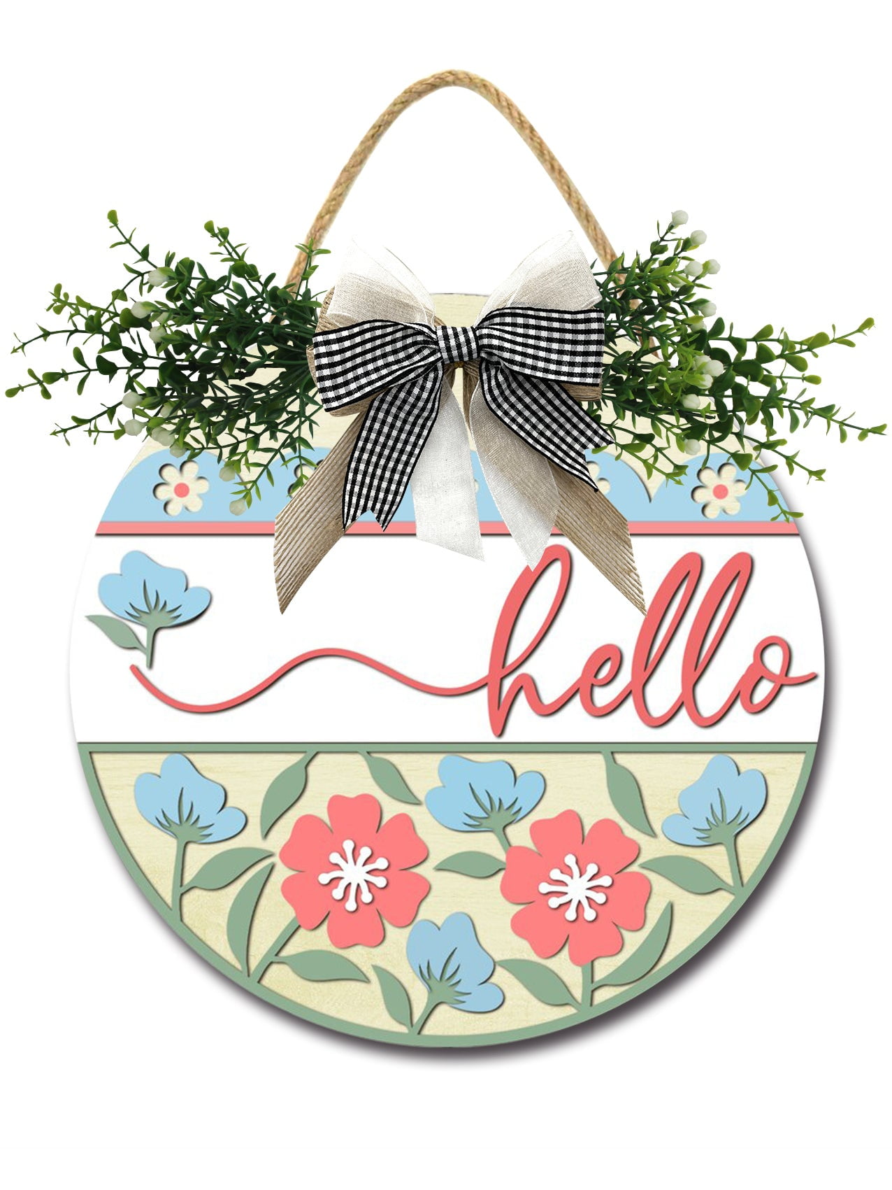 Floral Hello Wooden Front Door Sign Rustic Round Wreath Wall Hanger ...