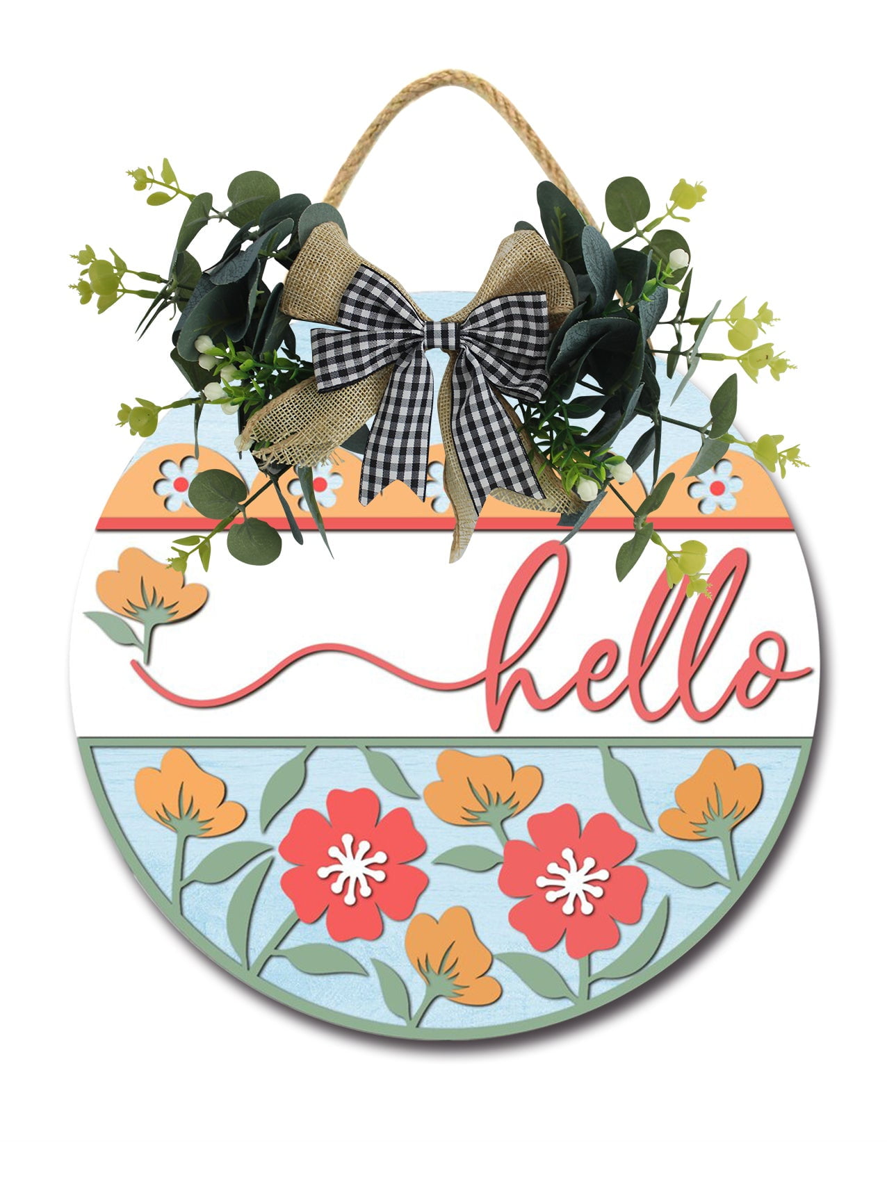 Floral Hello Wooden Front Door Sign Rustic Round Wreath Wall Hanger ...