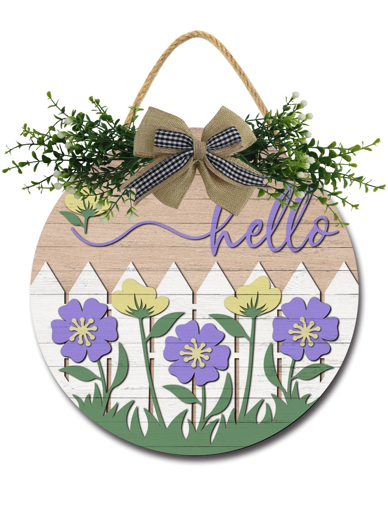 Floral Hello Wooden Front Door Sign Rustic Round Wreath Wall Hanger ...