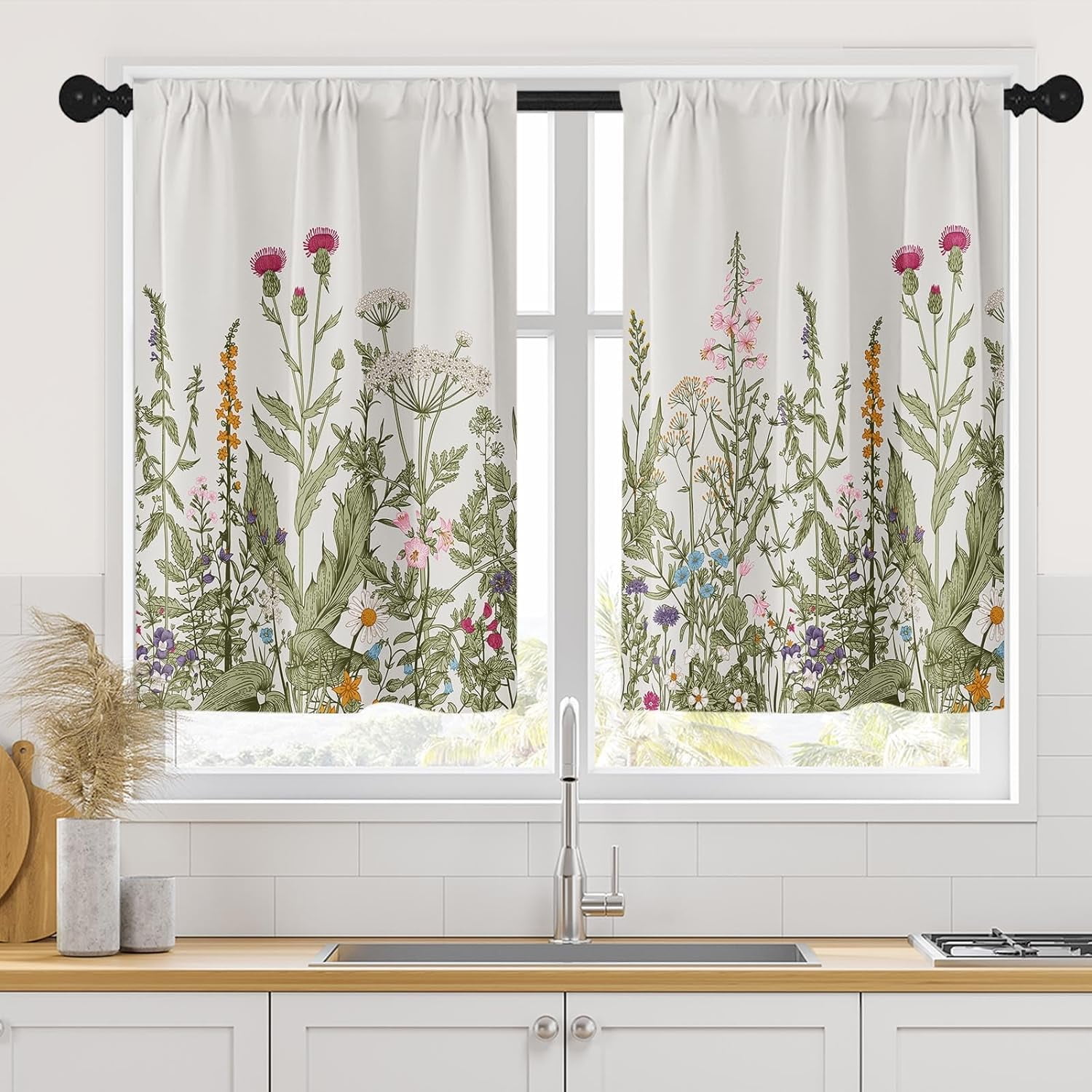 Floral Herbs Flower Kitchen Curtains, Botanical Colorful Vintage Short ...