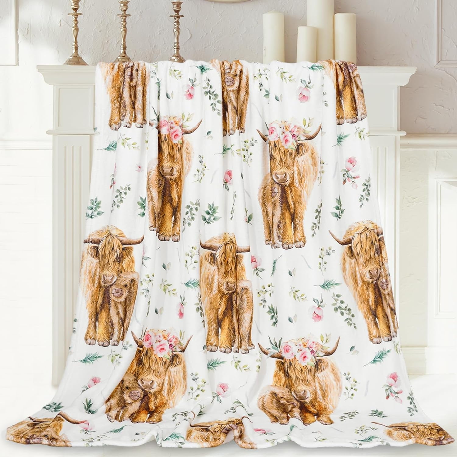Floral Highland Cow Fuzzy Flannel Blanket 60 x 50 Inch Farmhouse Throw ...