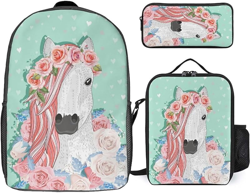 Floral Horse Backpack Set, Stylish Laptop Bag Cute Horse Daypack with ...