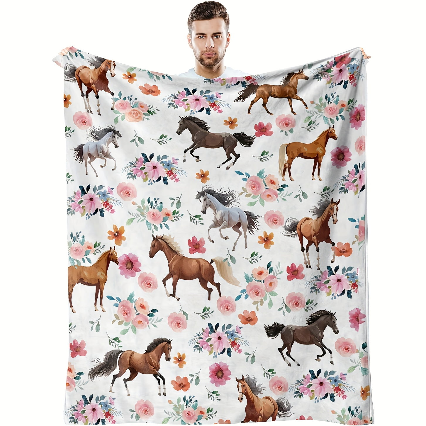 Floral Horse Print Fleece Throw Blanket - Soft Flannel All-Season ...