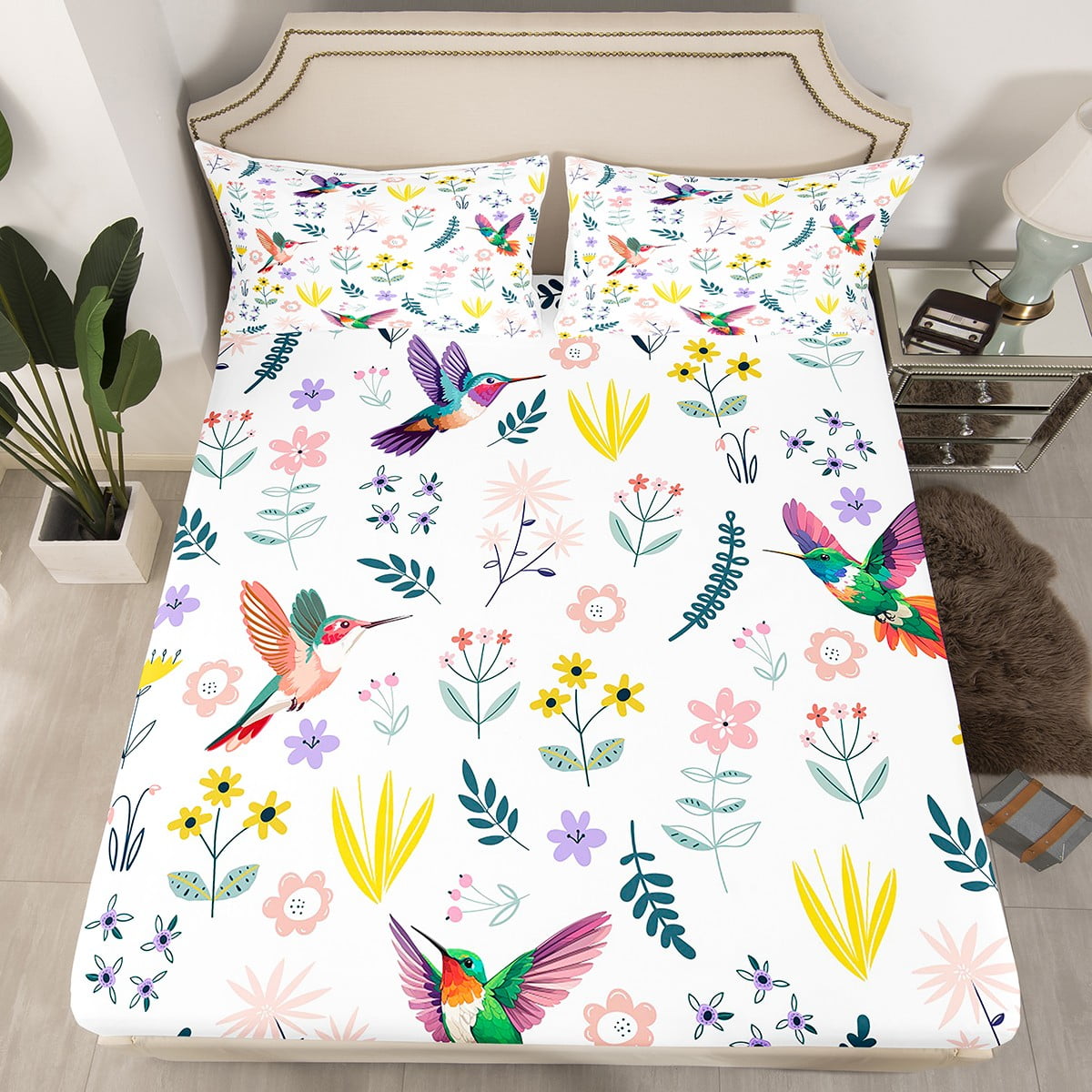 Floral Hummingbird Bed Sheets,Full Cartoon Animal Fitted Sheet for Kids ...