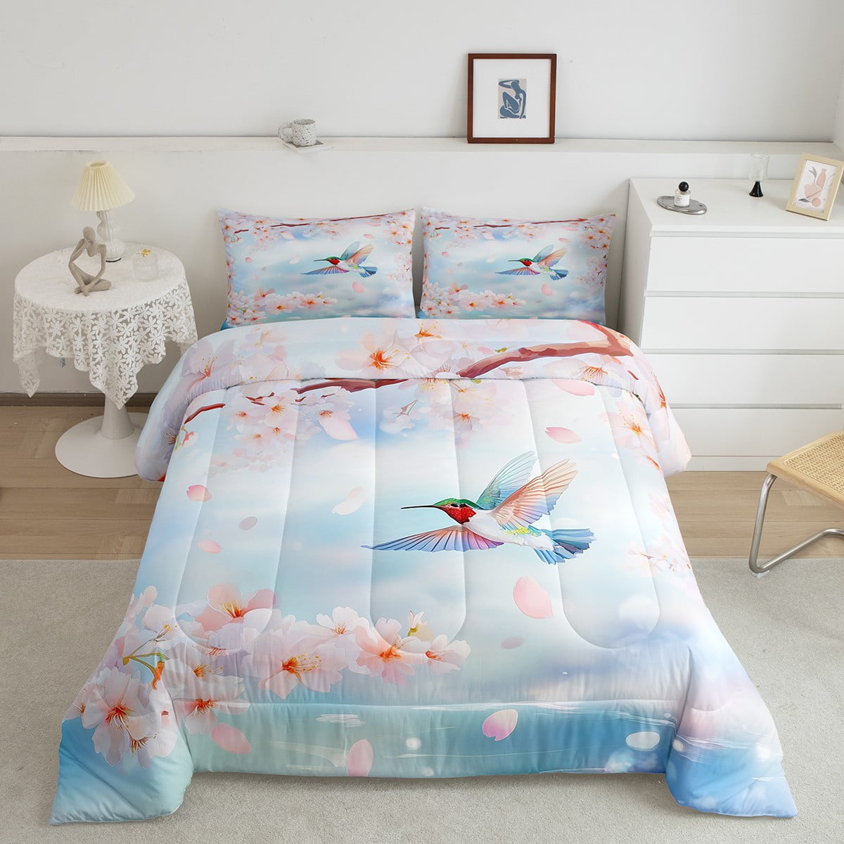 Floral Hummingbird Bedding Set Cherry Blossom Comforter Set Queen Teen ...