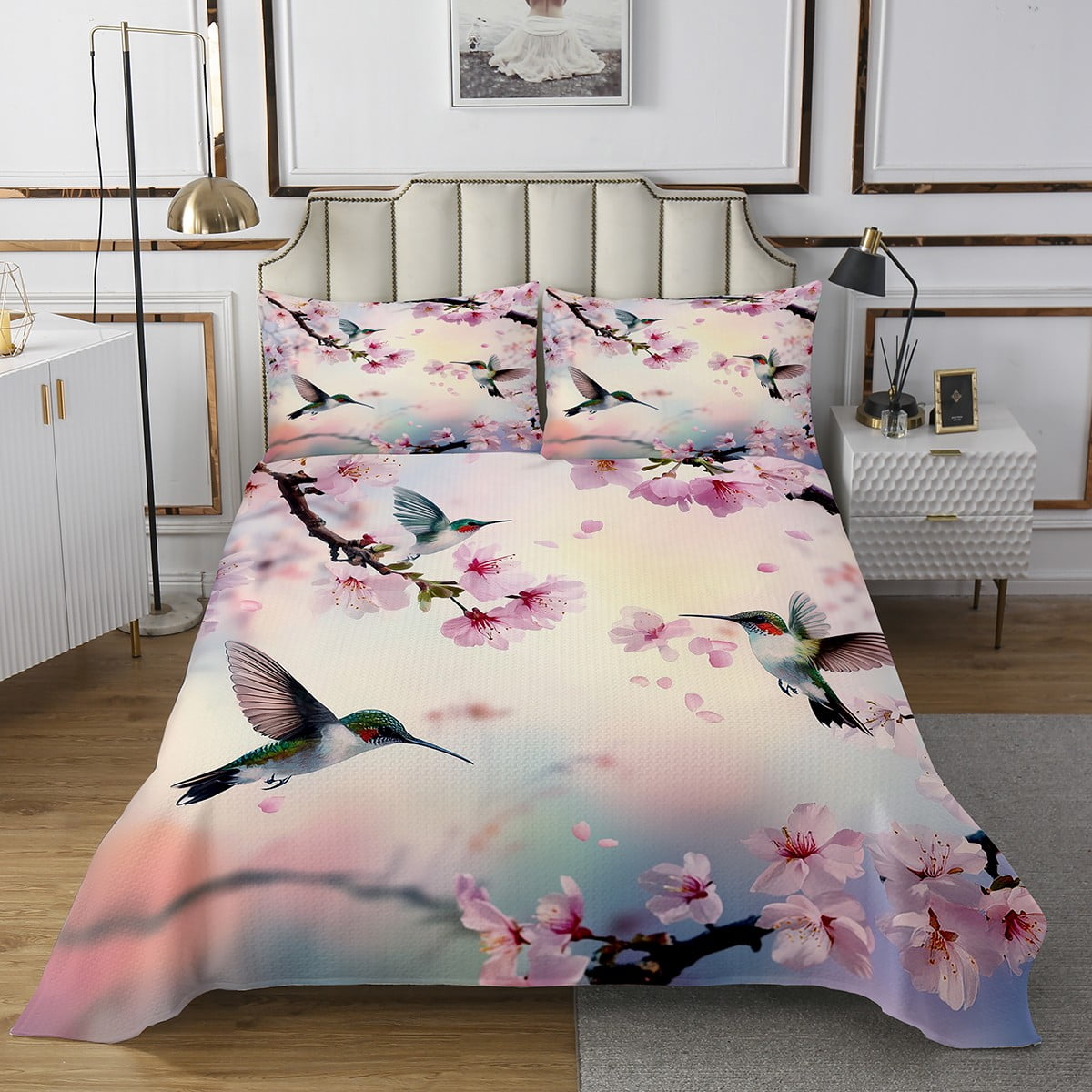 Floral Hummingbird Bedspread Set Tropical Hummingbird Quilt Set Queen ...