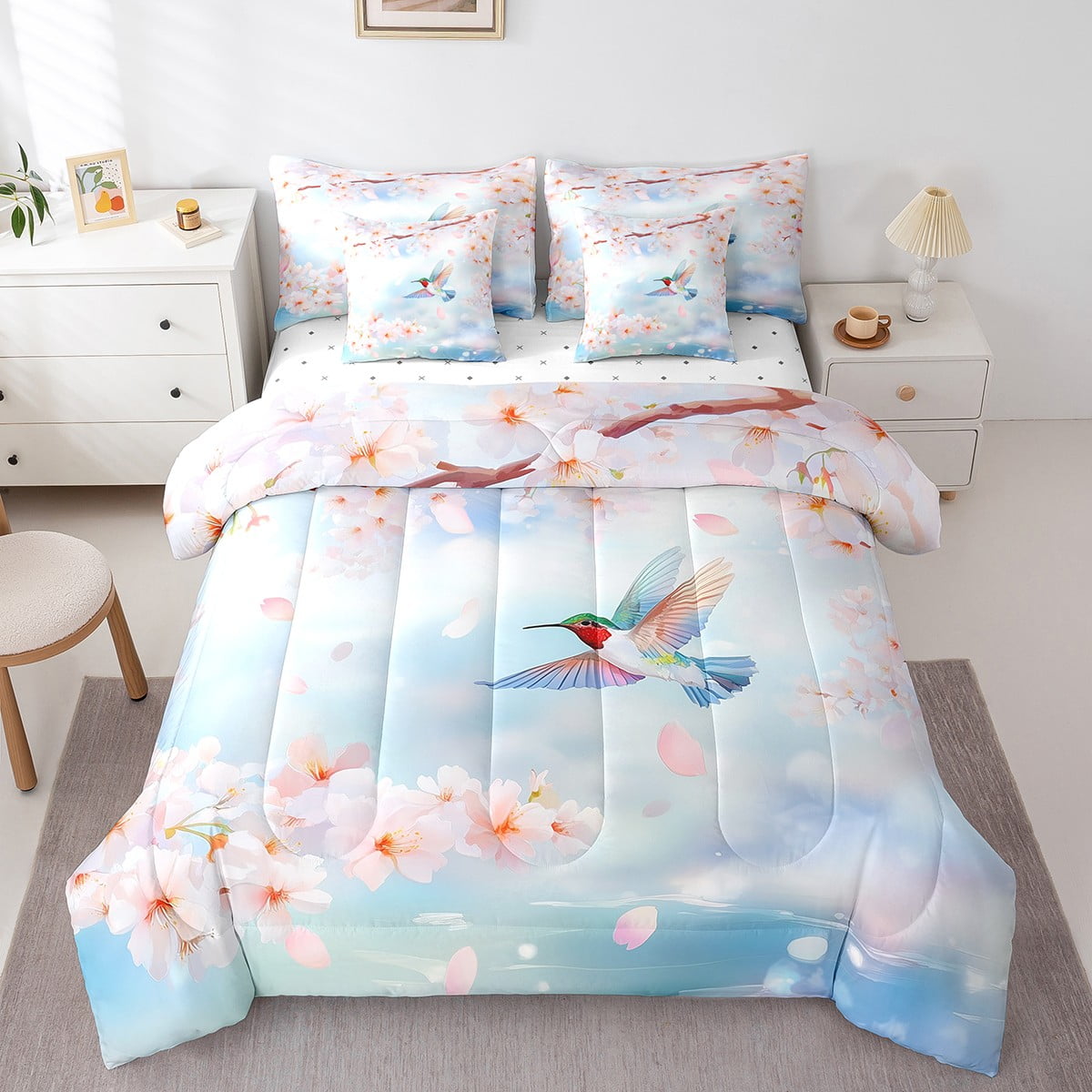 Floral Hummingbird Full Bedding Set 7 Piece Cherry Blossom Comforter ...
