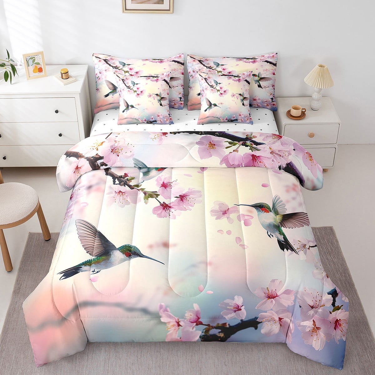 Floral Hummingbird Full Comforter Set 7 Piece Tropical Hummingbird ...