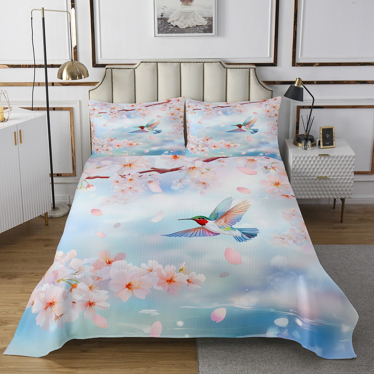 Floral Hummingbird Quilt Set Cherry Blossom Bedspread Set Twin Teen ...